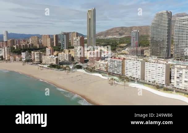 Aerial view of Benidorm beachfront with the iconic Intempo Tower and ...