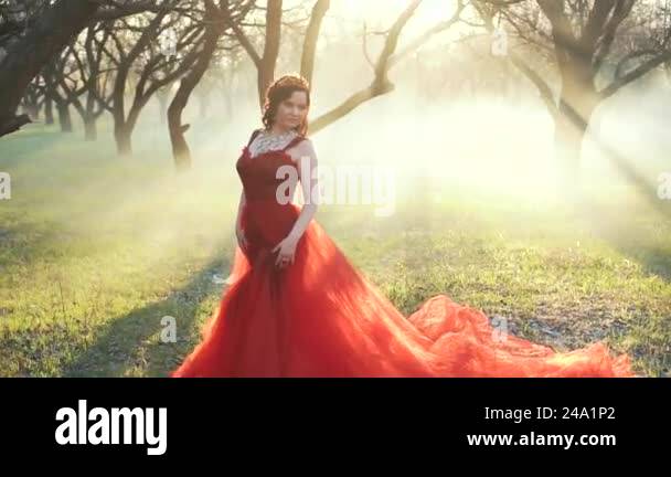 fantasy woman medieval queen stands in forest full of fog, lady with ...