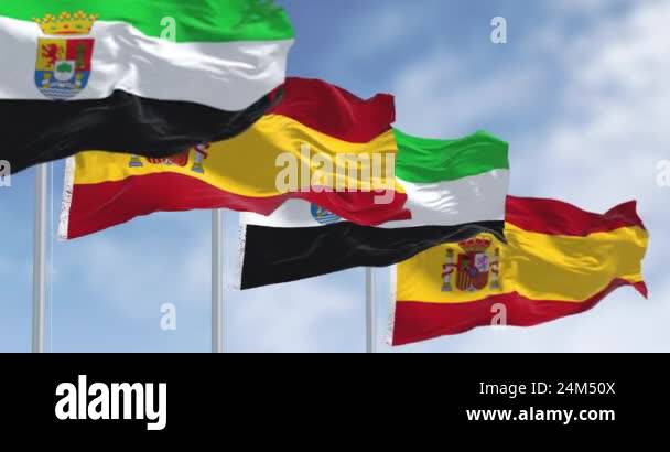 Extremadura flags waving with spanish national flags. Spanish ...