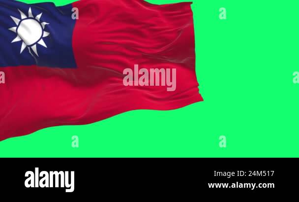 Taiwan flag waving in the wind isolated on green background. Seamless ...