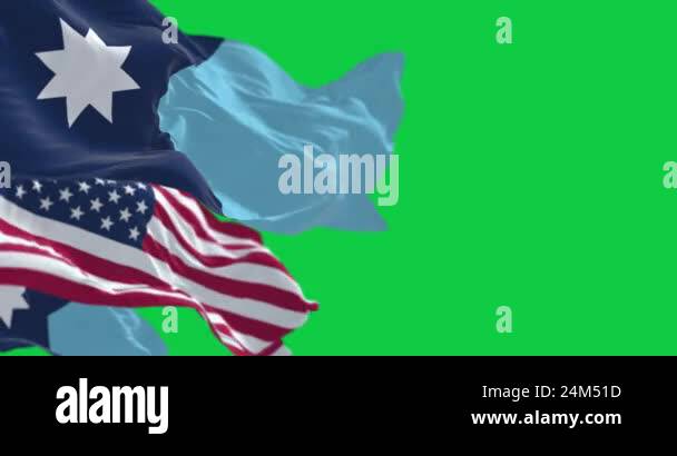 close-up of Minnesota new state flags waving with the american flag ...