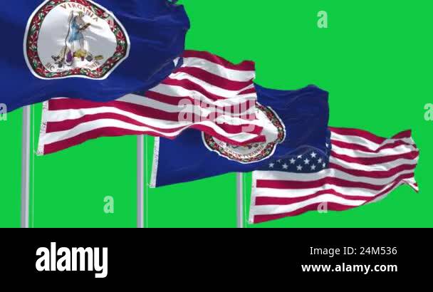 Virginia state flag waving in the wind isolated on green background ...