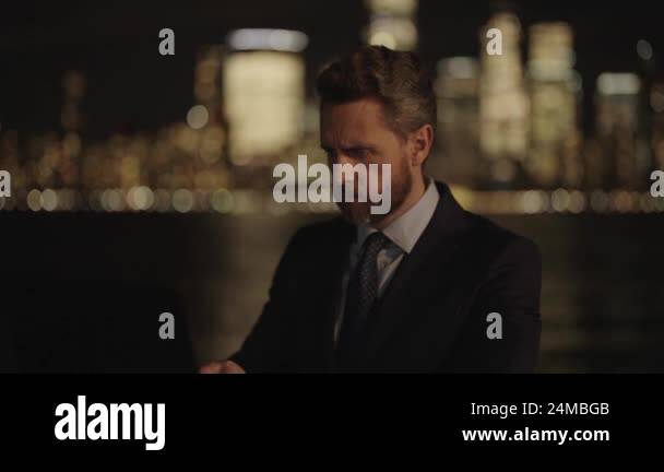 Business executive remote working. Having virtual meeting. Freelancer developer typing program ...