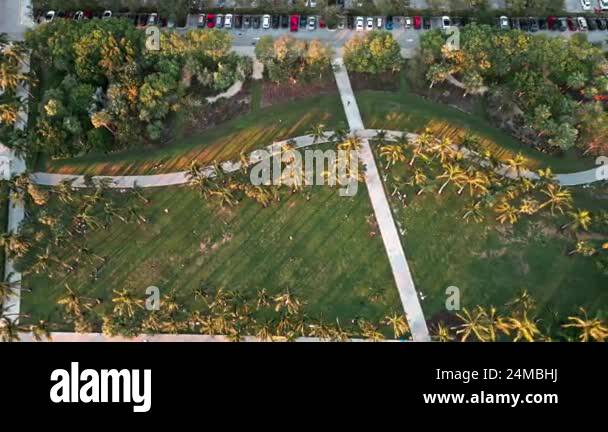 South Pointe park with palm tree. Relax area landscape aerial. Aerial ...