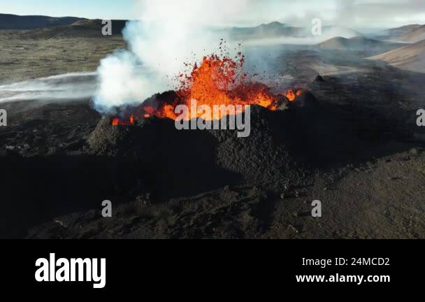Volcano eruption, Red hot burning lava erupts from ground in Iceland ...