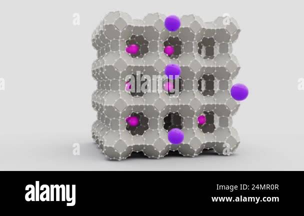 Animation showing zeolite ion exchange. Zeolites (grey) are hydrated ...