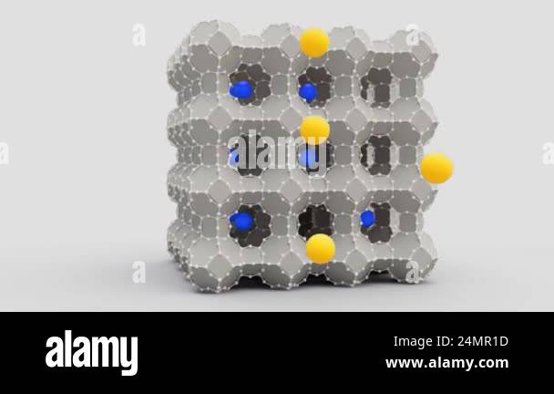 Animation showing zeolite ion exchange. Zeolites (grey) are hydrated ...