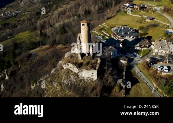 La Salle Aosta Valley Italy Aerial view of Chatelard Castle Stock Video ...