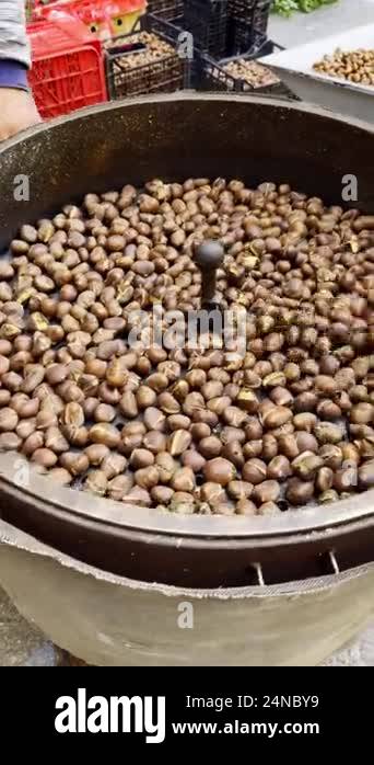 Freshly roasted chestnuts being prepared in large outdoor pan ...