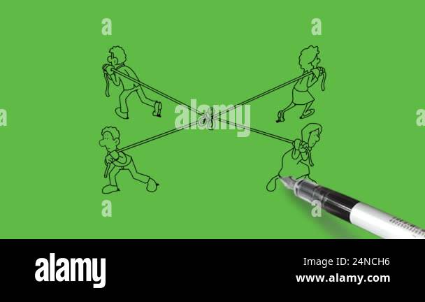 draw group of four person men and women pull rope in four different ...