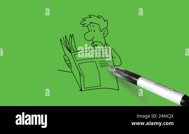 draw young man sit on gray chair keep left hand index finger on lips ...