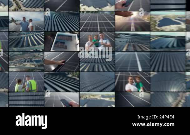 Video collage installation of ecological solar panels. Environmental ...