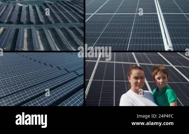 Video collage of a happy family on the background of solar panels ...