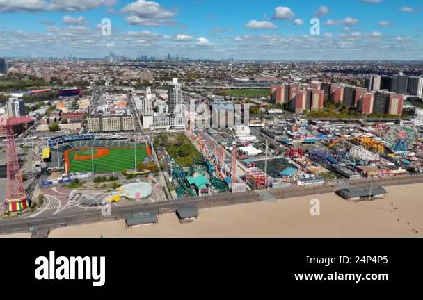Aerial View of Amusement Park and Cityscape. Expansive aerial view of a ...