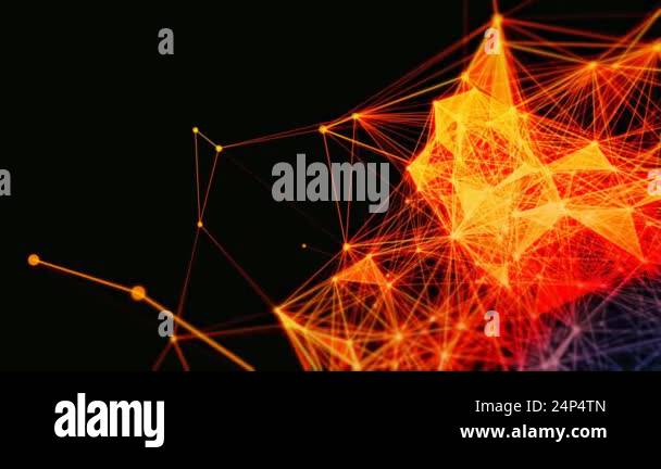 Bright orange plexus design for presentation title. 3d animation, abstract black background, hi ...