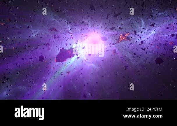 Meteor rocks flying in deep space close to the sun with purple rays ...