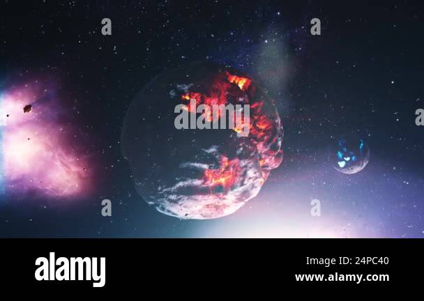 Dead alien planet with small moon and asteroids Stock Video Footage - Alamy