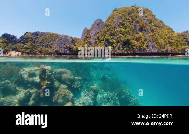 Camera moving forward over a coral reef with a tropical island in the ...