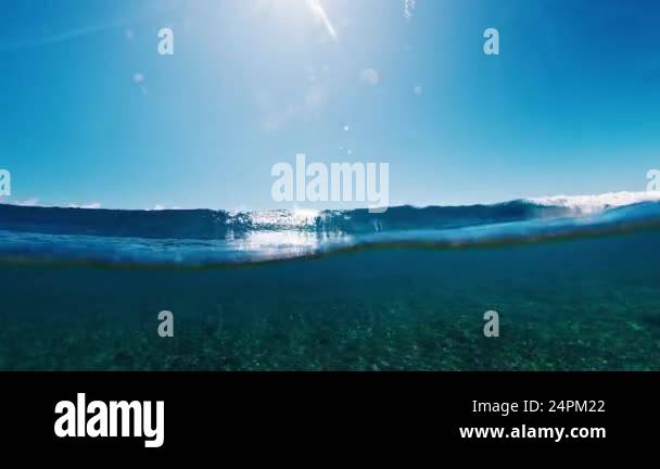 Ocean wave is breaking on a sunny day, seen from different angles, both ...