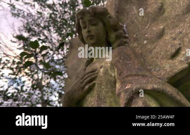 A weathered and aged stone angel statue is gracefully posed amidst ...