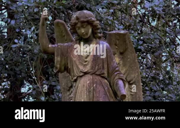 A weathered and aged stone angel statue is gracefully posed amidst ...