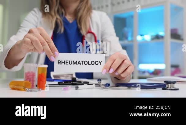 Woman doctor shows word Rheumatology on paper sheet in hospital ...