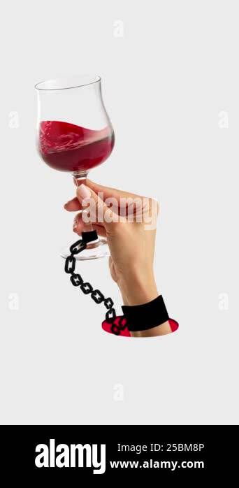 Female hand with chain connected to wine glass. Conceptual design ...