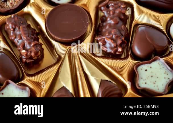 Box of chocolates. Chocolate candies assortment in a gold foil. 4k ...