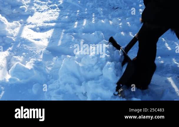 Dedicated worker clearing snow covered pathway with manual shovel ...
