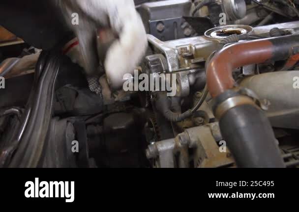Car mechanics work on engines, tightening bolts on timing belts with ...
