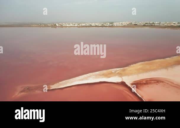 Salt spit in pink water of Torrevieja lake against city on horizon ...