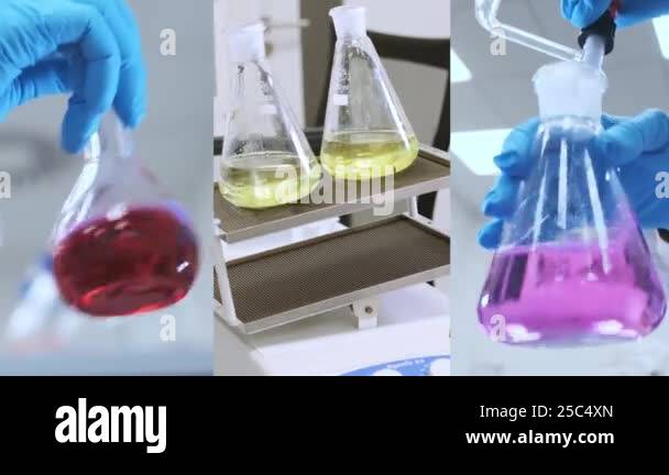 Video collage from chemical laboratory mixing solvents, using a shaker ...