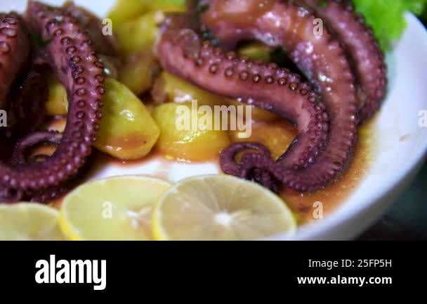 part of octopus on a white plate with potatoes and gravy. High quality ...
