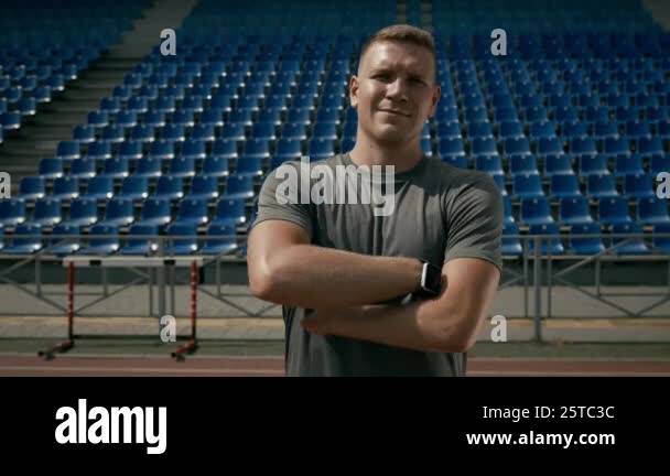 Medium closeup portrait of confident handsome muscular Caucasian male ...