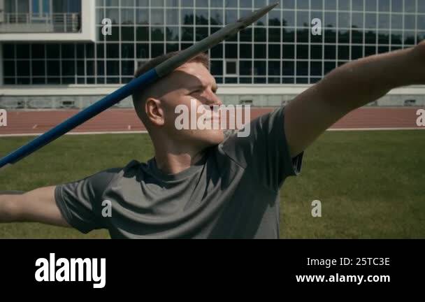 Medium closeup of focused Caucasian sportsman with limb difference ...