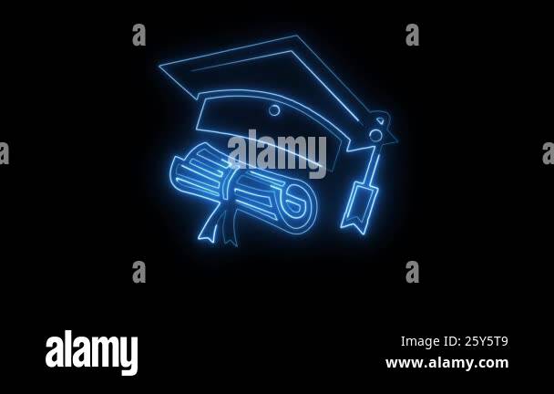 Glowing neon line graduation cap with academic Achievement Symbol ...