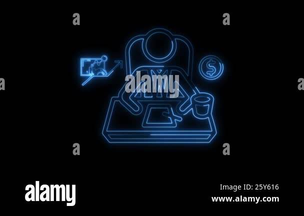 Glowing CEO icon, founder office or room icon neon animation blue color ...