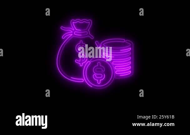 Glowing neon Money bag and coin with Dollar icon isolated purple color ...