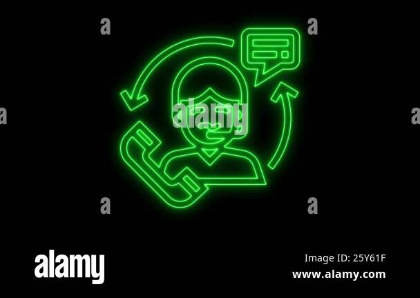 Glowing neon Customer Service icon animation green color on black ...