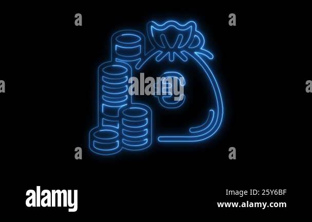 Glowing neon Money bag and coin with euro icon isolated blue color ...