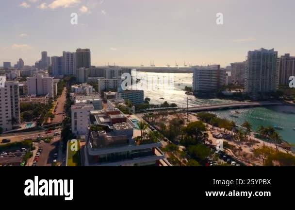 Miami Beach, Florida, USA 2025. Aerial view of bay islands and bridges ...