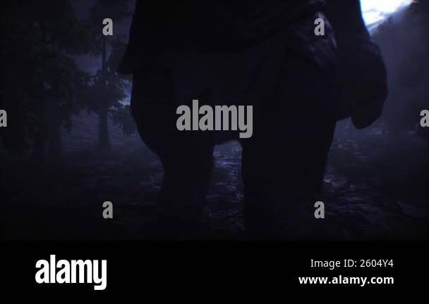 Big ugly scary troll, goblin walk in night fog forest. Horror mystic concept. Realistic 4k ...