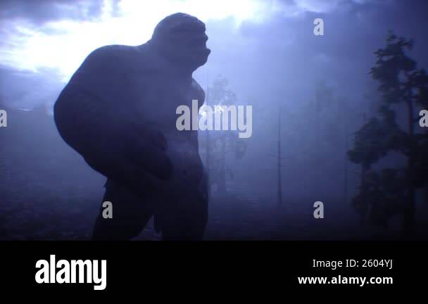 Big ugly scary troll, goblin walk in night fog forest. Horror mystic concept. Realistic 4k ...