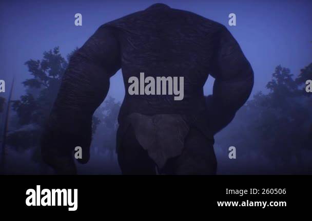 Big ugly scary troll, goblin walk in night fog forest. Horror mystic concept. Realistic 4k ...