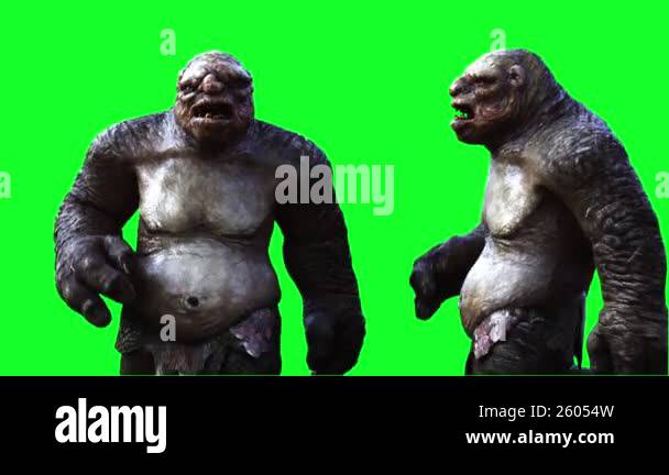 Big ugly scary troll, goblin walk . Horror mystic concept. Realistic green screen 4k animation ...