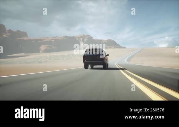 3d model luxury black car on desert highway. Very fast driving ...