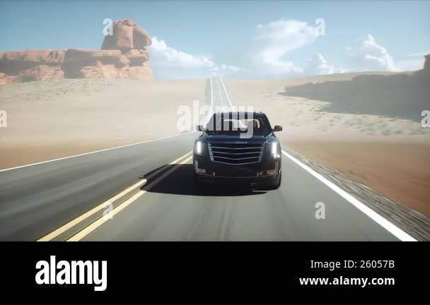3d model luxury black car on desert highway. Very fast driving ...
