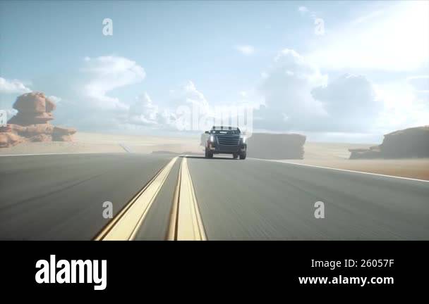 3d model luxury black car on desert highway. Very fast driving ...