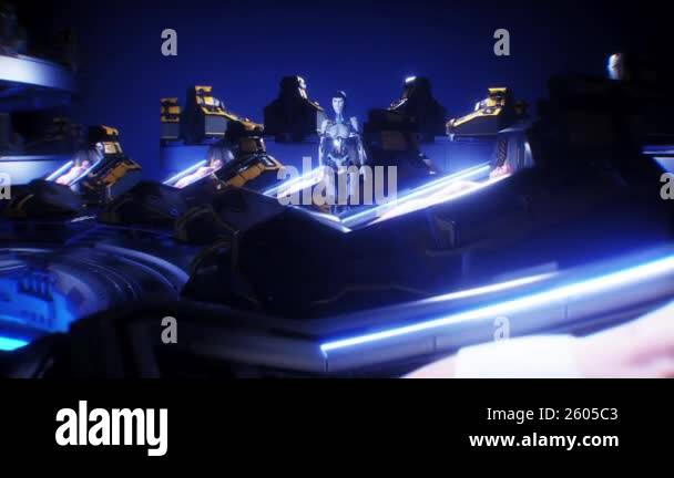 futuristic female robot in laboratory with cryocapsules with sleeping ...