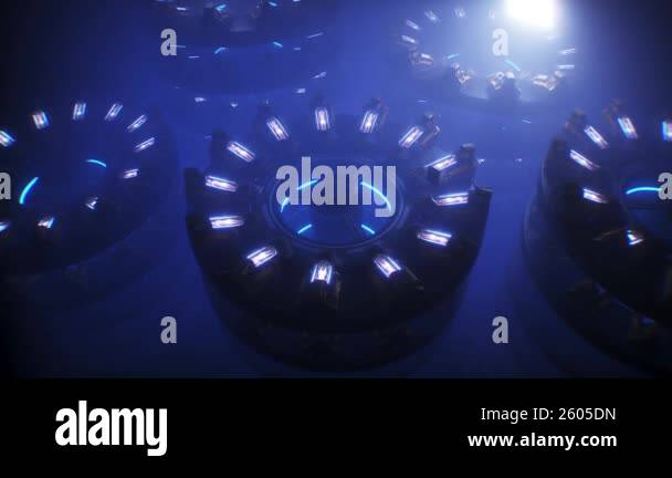 futuristic laboratory with cryocapsules with sleeping peoples. Cryo ...